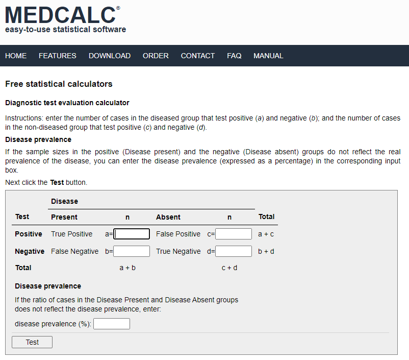 Diagnostic test evaluation - Free MedCalc online statistical calculator
